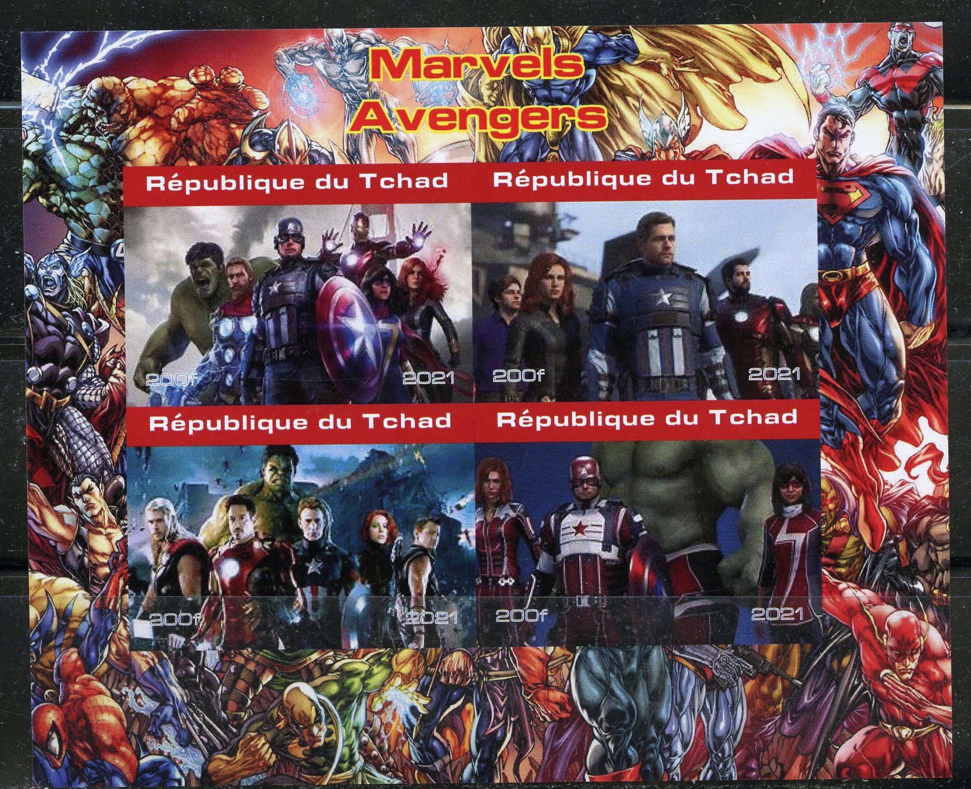 Chad 2921 Marvel Super Heroes Avengers imperf sheet of four mint never ...