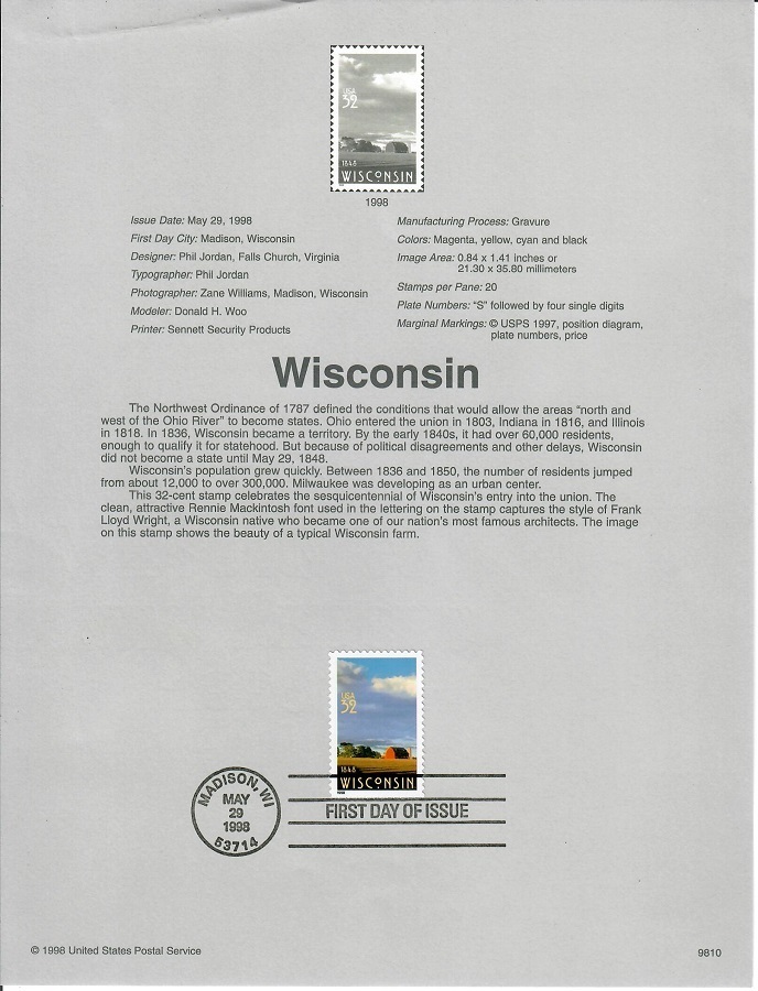 US SP1265 Wisconsin Statehood Souvenir Page #3206 | United States, Back ...