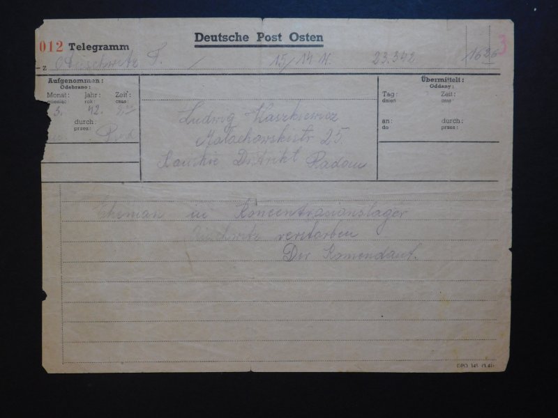 1942 Germany Auschwitz Concentration Camp KZ Telegram Death Notice ...