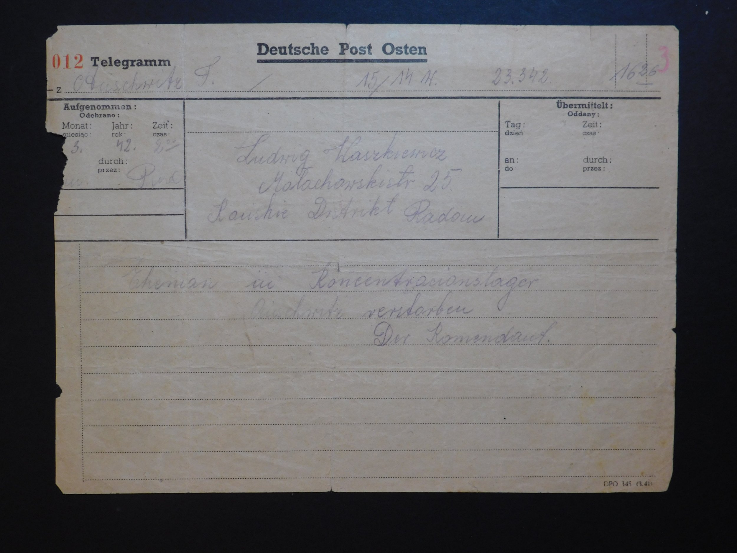 1942 Germany Auschwitz Concentration Camp KZ Telegram Death Notice ...