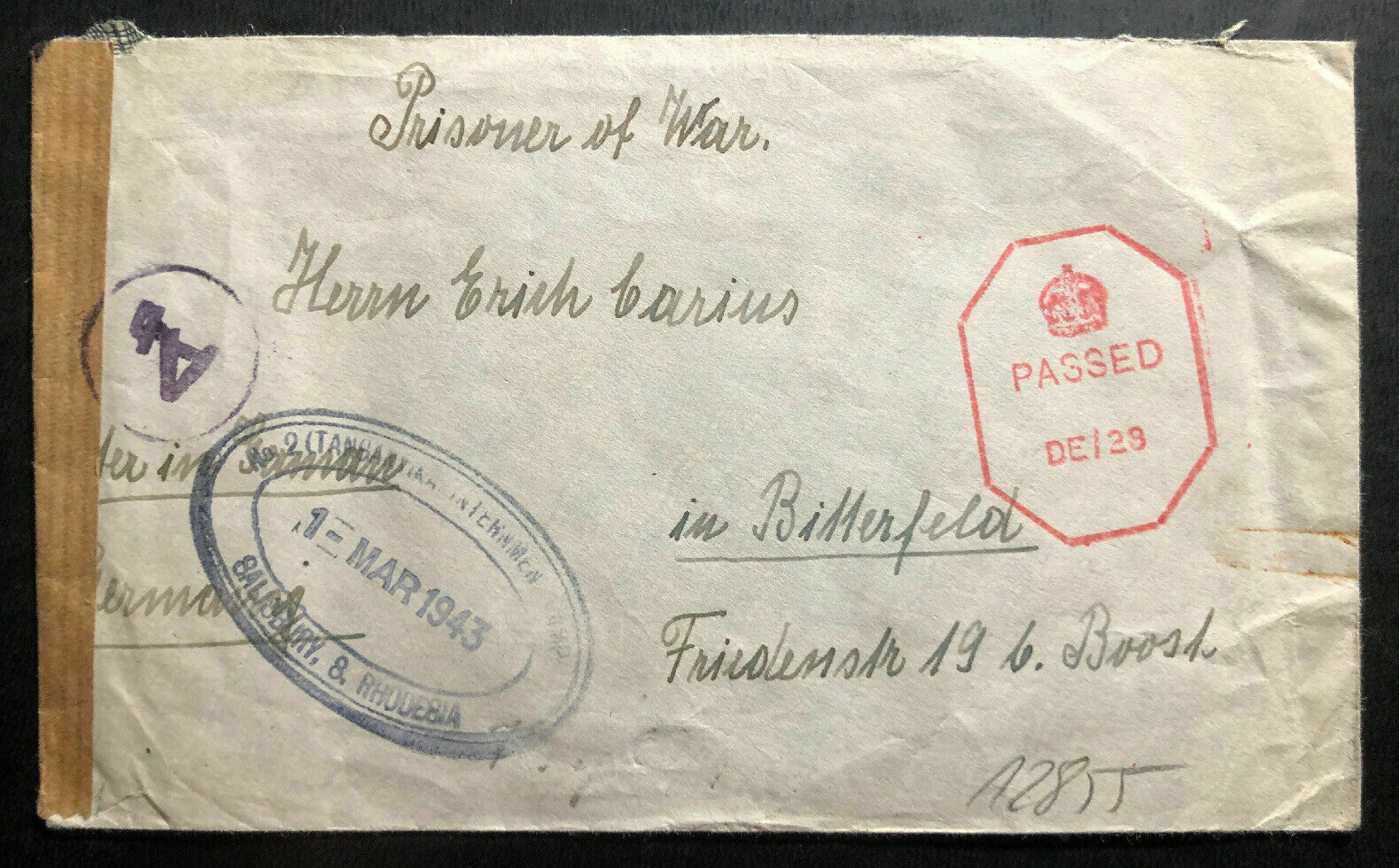 1943 British Internment Camp 2 Rhodesia Prisoner War POW Censor Cover ...