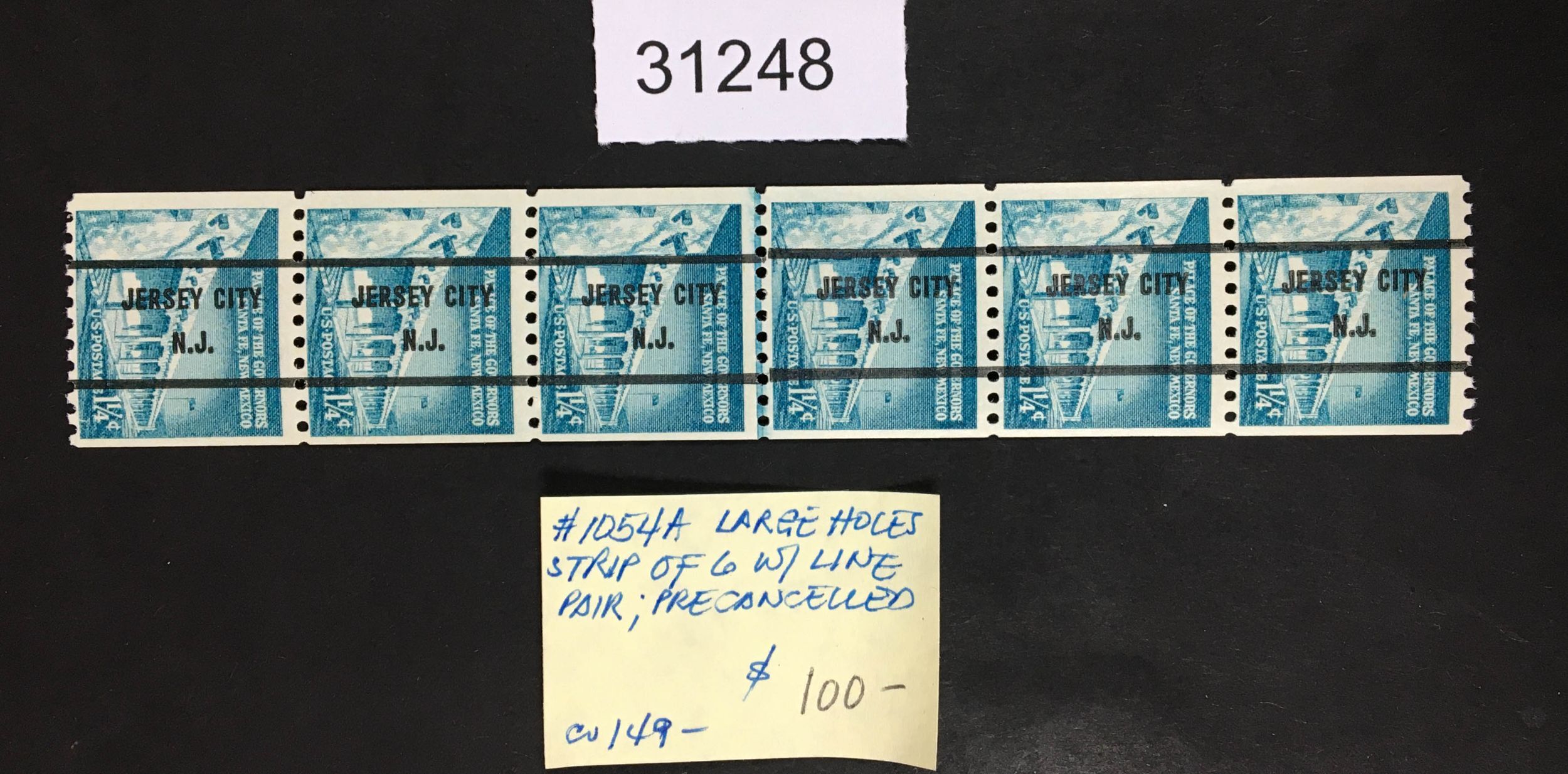 US Stamps # 1054a Large Holes Strtip of 6 W/ Line Pair Precancelled LOT ...