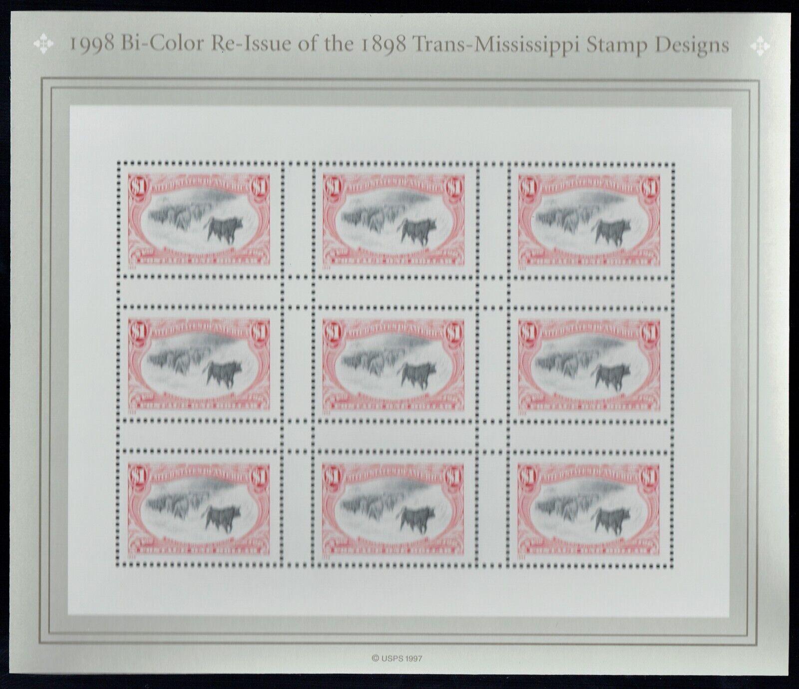 1998 US Trans-Mississippi Re-Issue Sheet of 9 US $1 Stamps Scott# 3210 ...