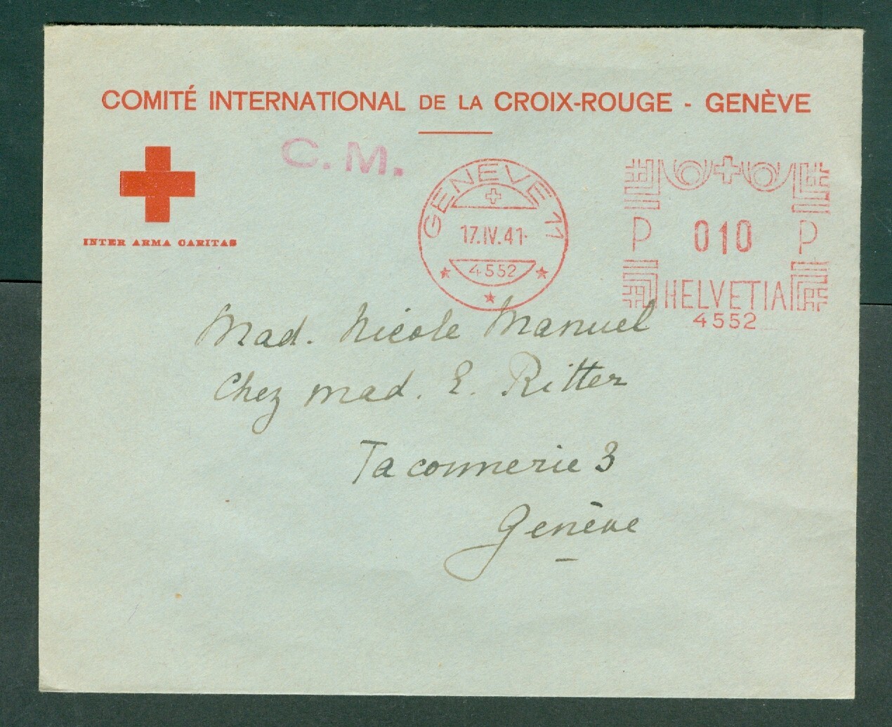 Switzerland. 1941 Cover, Used. Red Cross. Meter Cancel 010f. Adr ...