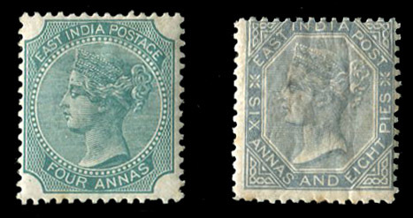 India #26B-27 Cat$100, 1866 4a blue green and 6a8p slate, hinged, few ...