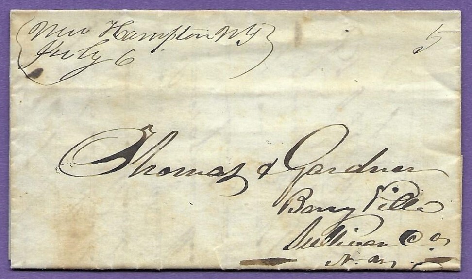New Hampton, N.Y. - 1850 Stampless Folded Letter. MS Straight Line Town ...