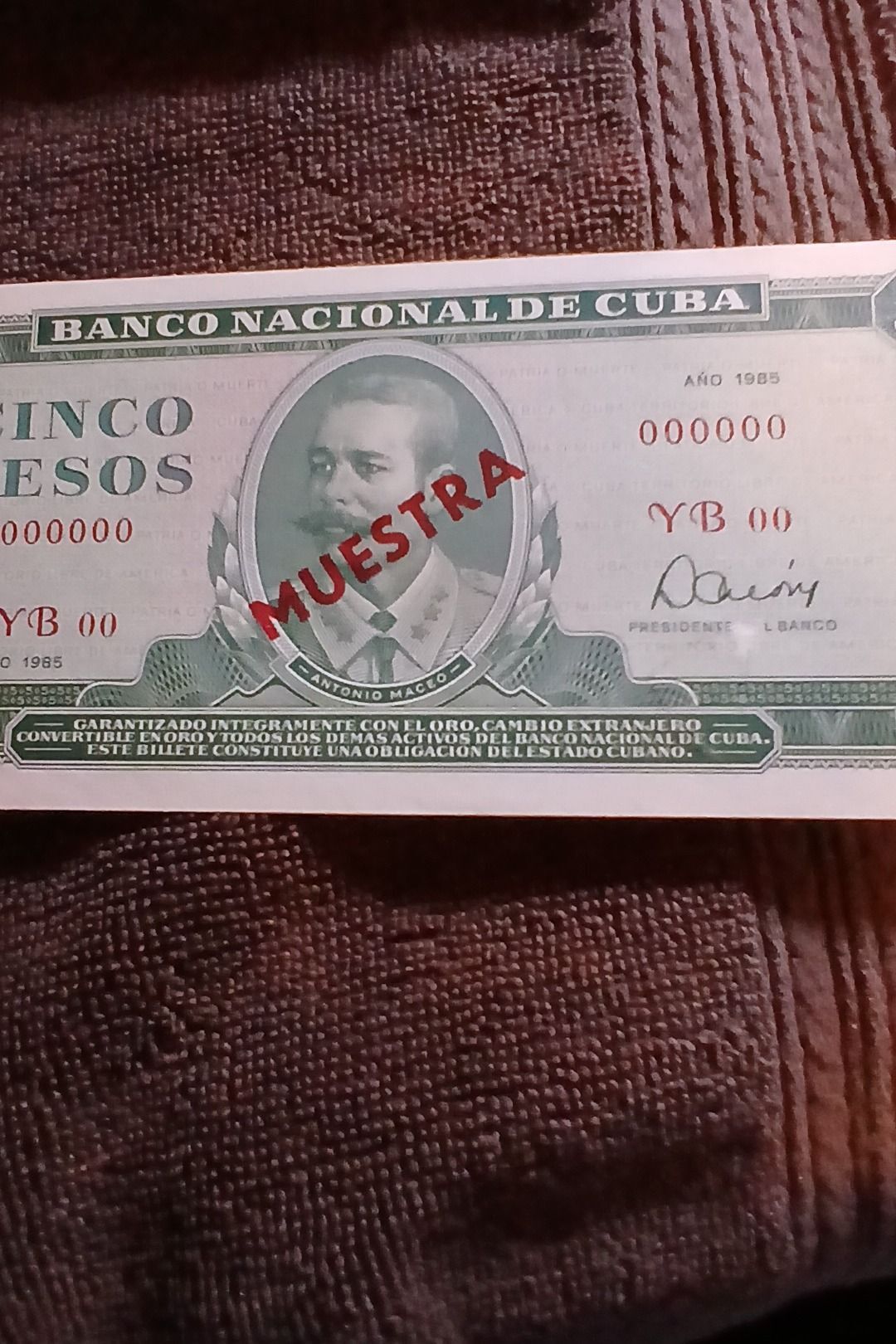 Cuba-1985.Banco Nacional.Antonio Maceo.5 Pesos.Specimen.Uncir ...