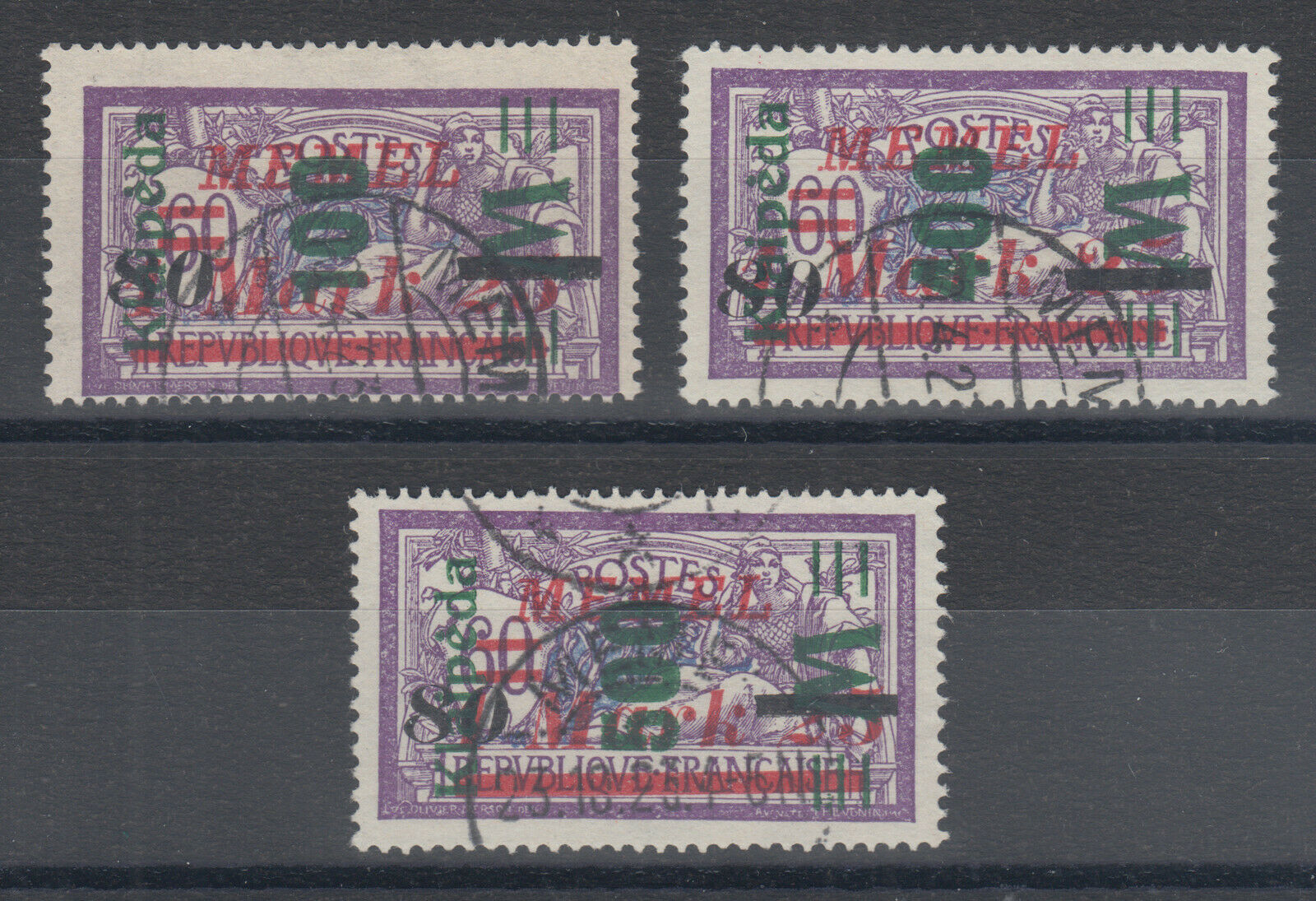Memel Sc N28-N30 used. 1923 60c Mersons of France with green surcharges ...