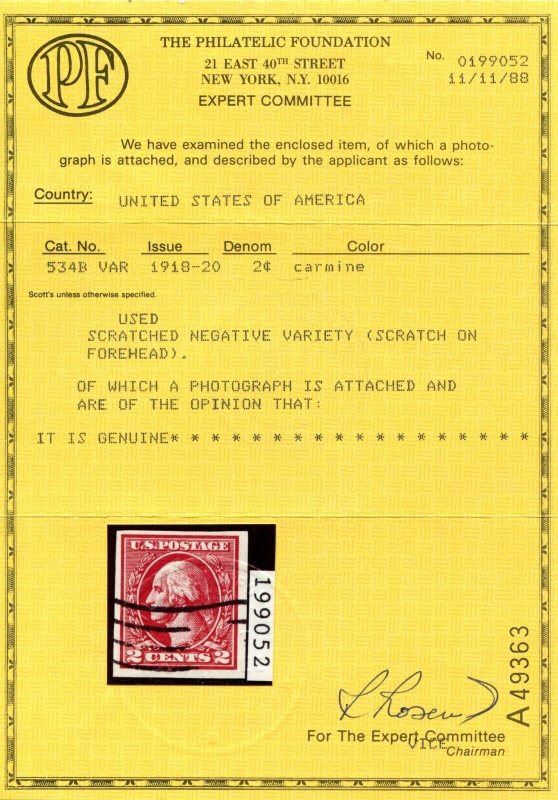 US Scott #534B Used-Vf Scratch on Forehead Variety W/ PF Certs (4/25/24 ...