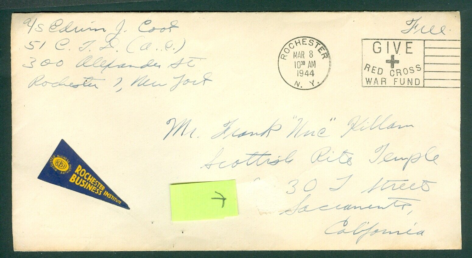 USA. 1944 Cover Cancel. Red Cross War Fund. Adr: Masonic Temple ...