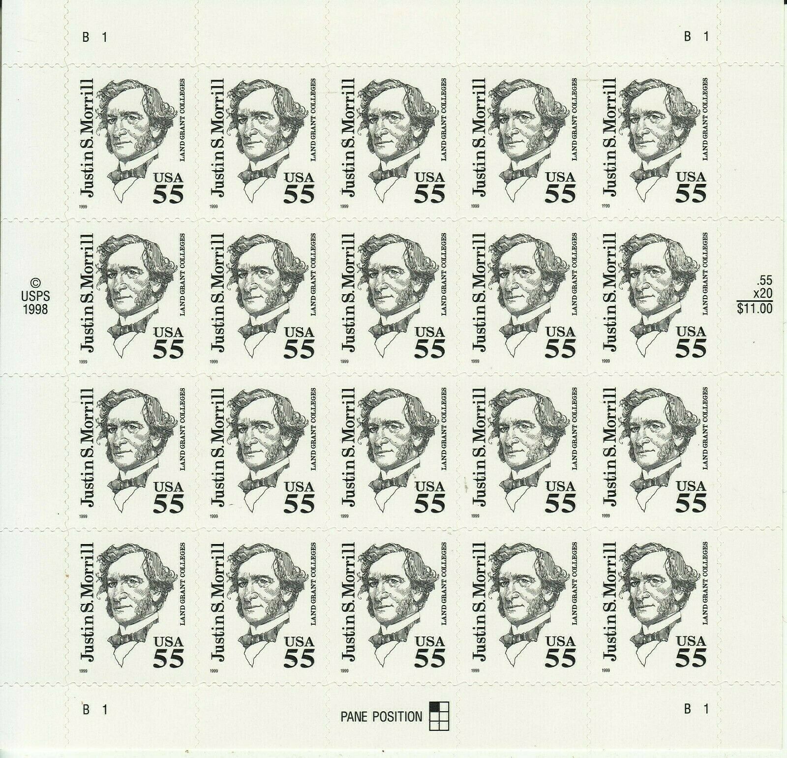 Justin S. Morrill Sheet of Twenty 55 Cent Postage Stamps Scott 2941 ...
