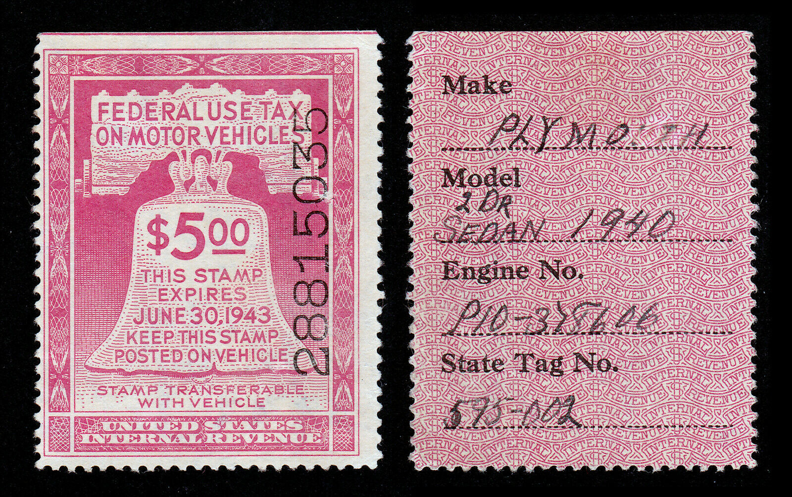 U.S. Scott #Rv6 Motor Vehicle USE TAX Revenue Stamp $5.00 Issue of 1942 ...