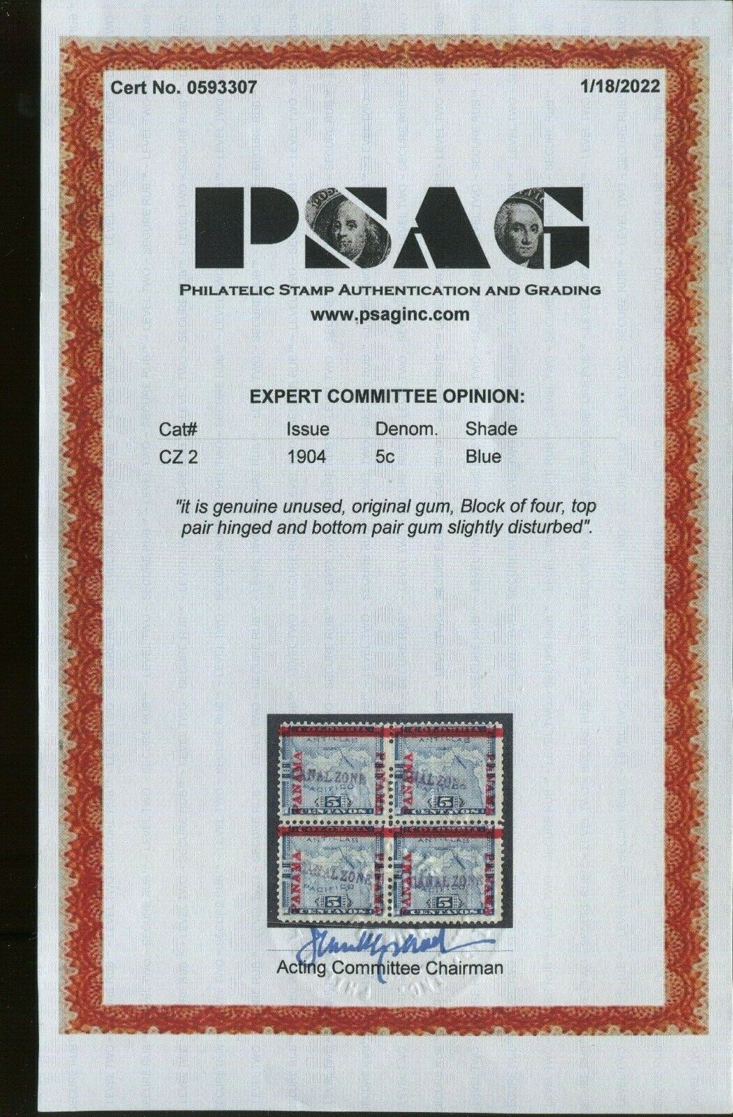 Canal Zone 2 Mint Block of 4 Stamps with PSAG Cert (Bz 562) | United ...