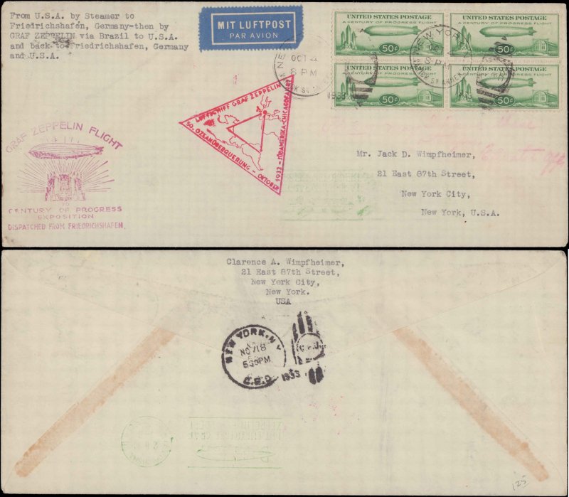 1933 New York Graf Zeppelin Flight Century of Progress Blk of 4 of Zepp ...