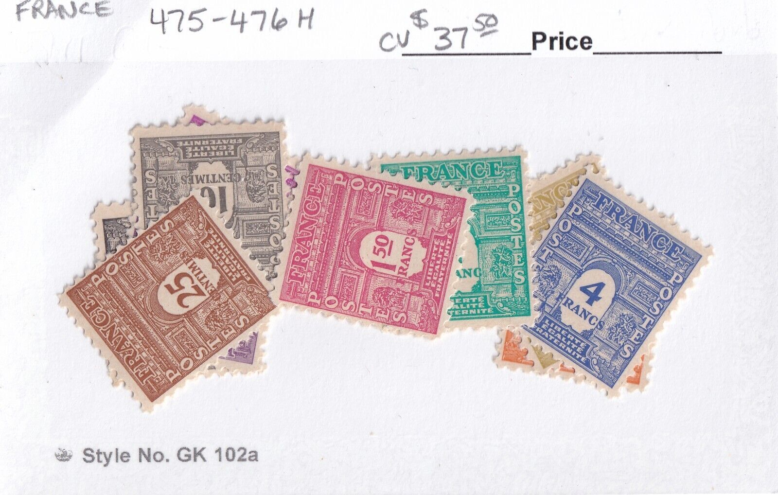 Matt's Stamps France Scott #475-#476H ARC De Triomphe Stamp Set, MH Cv ...