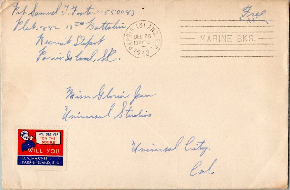 United States Marine Corps Soldier's Free Mail 1943 Parris Island, N.C ...