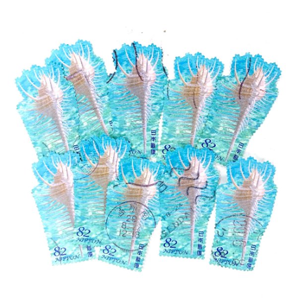 10 x Murex Seashells, used, Japanese postage stamps all off paper ...