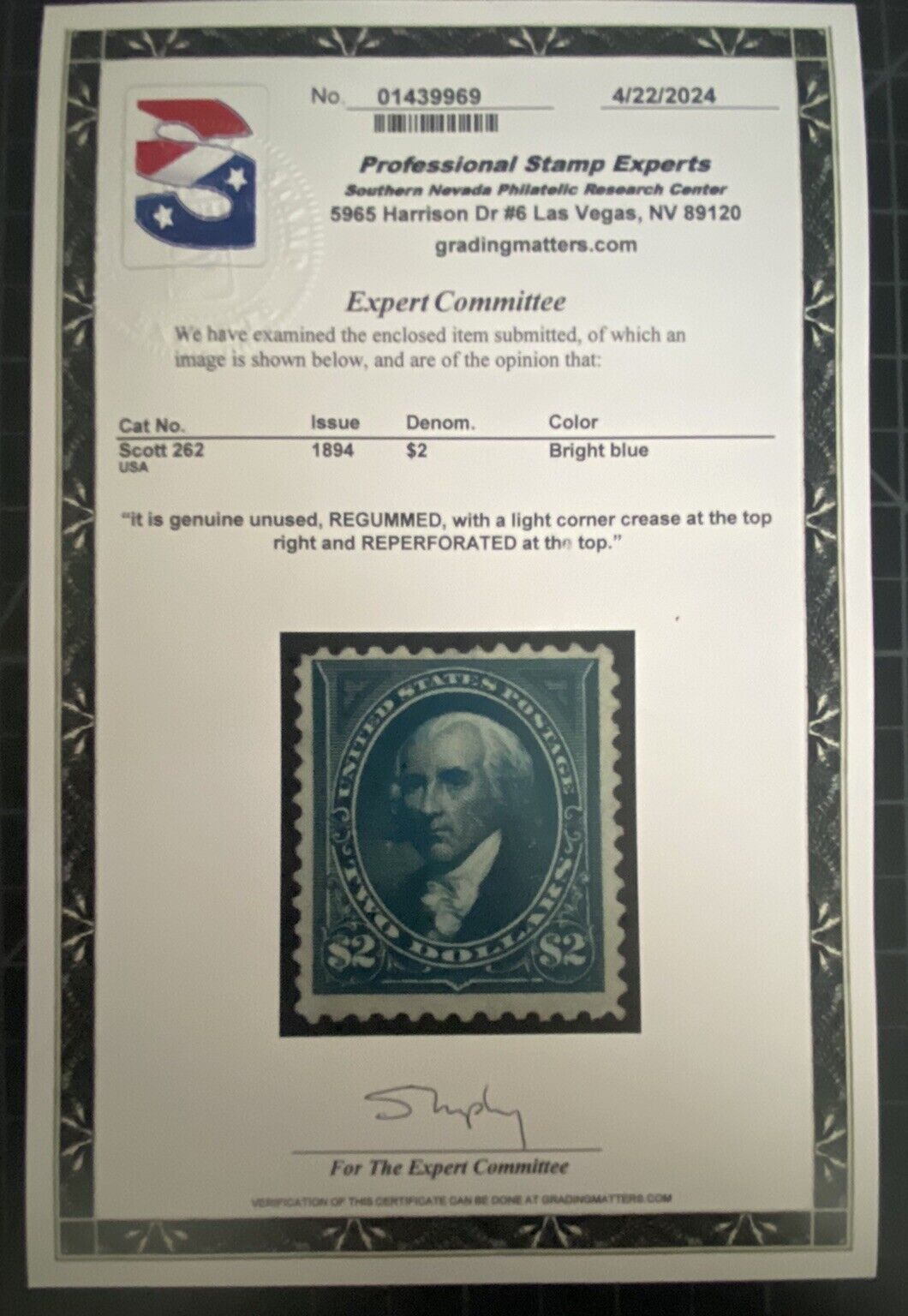 US Stamps-SC# 262 - $2 - MRG - Reperforated At Top - PSE Cert - SCV ...