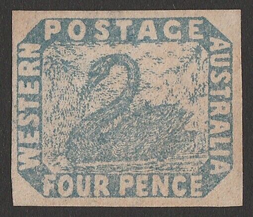 WESTERN AUSTRALIA 1854 Swan 4d blue, imperf, variety titled border ...