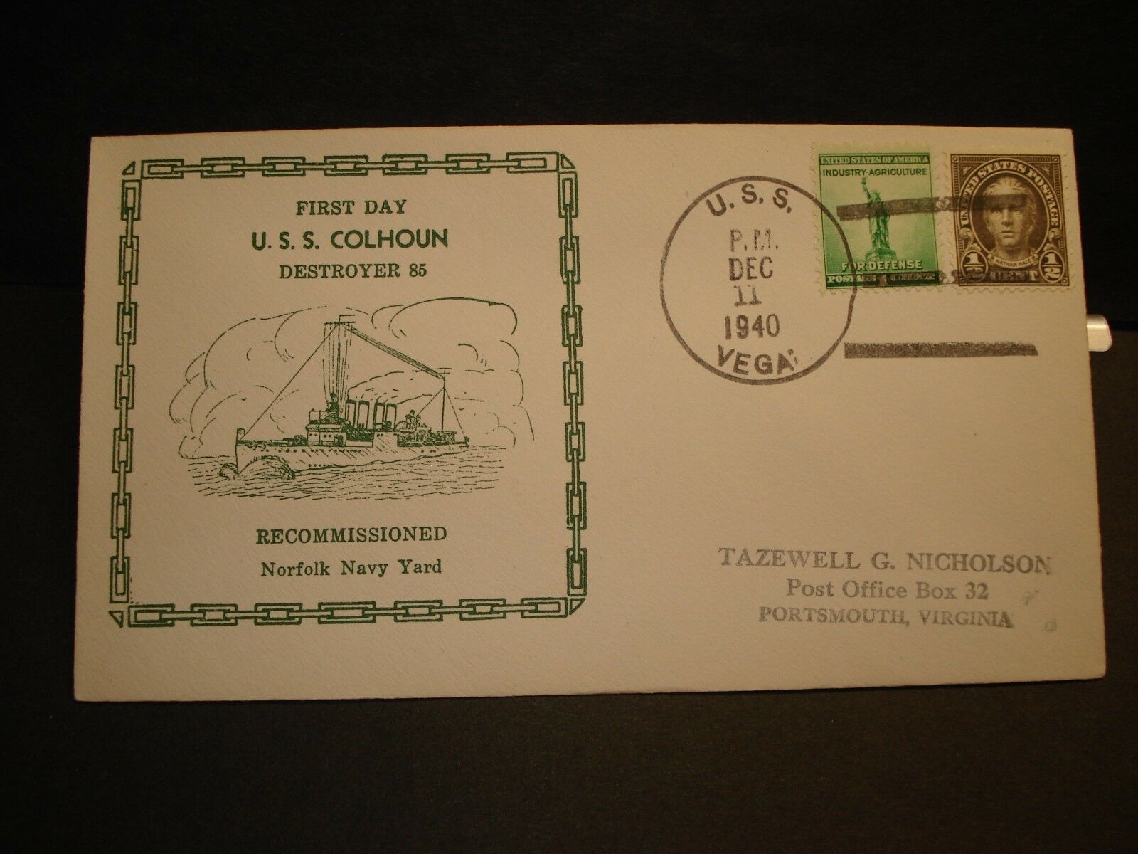 USS Colhoun Dd-85 Naval Cover 1940 Destroyer First DAY Cachet USS Vega ...