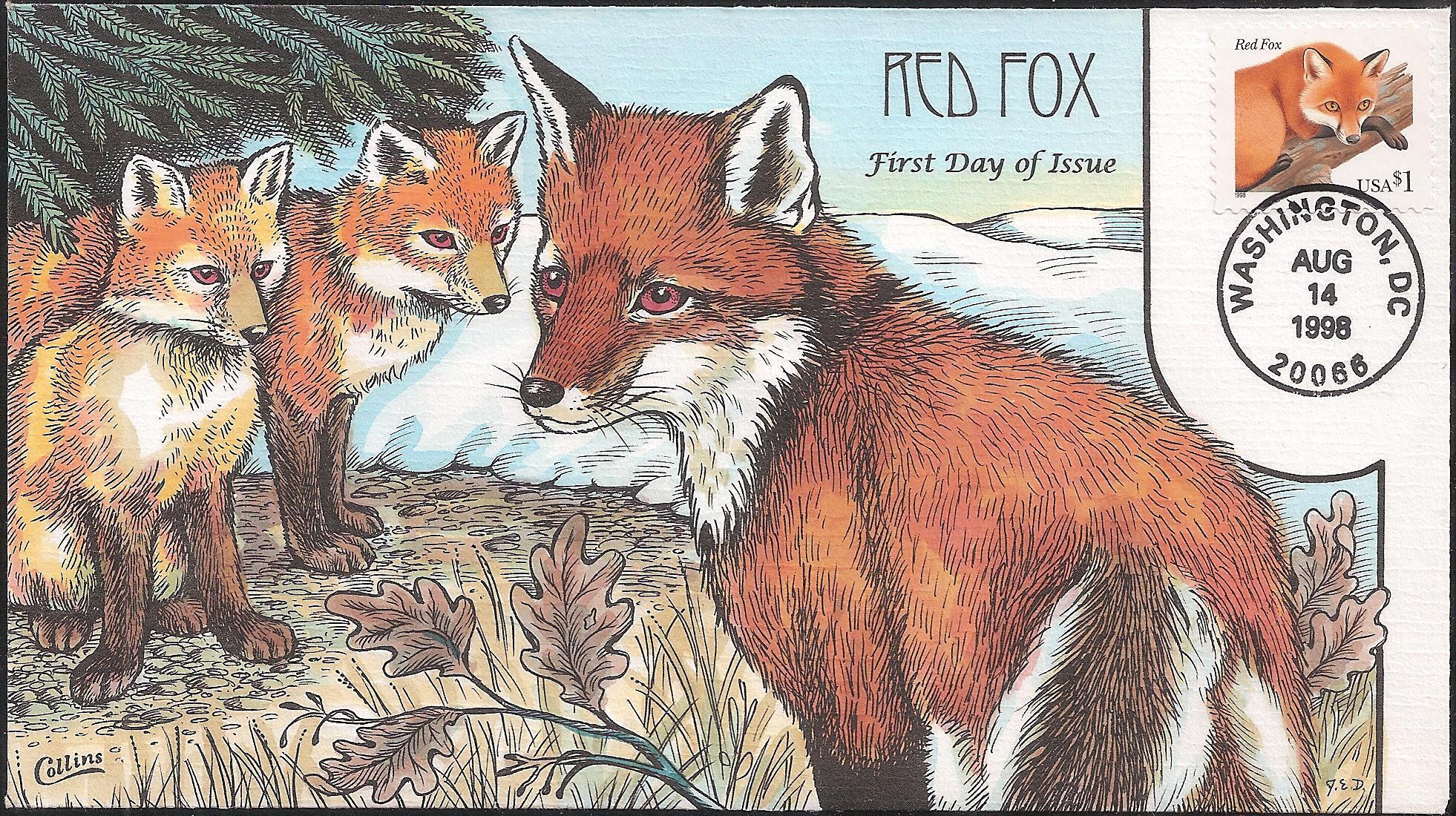 Collins Hand Painted FDC for the 1998 $1 Flora and Fauna Series Red Fox ...
