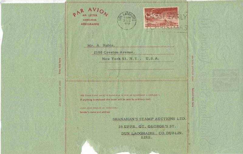Ireland 8d Angel Over Lough Derg Formular Air Letter Jung AF4b 1958 Dun ...