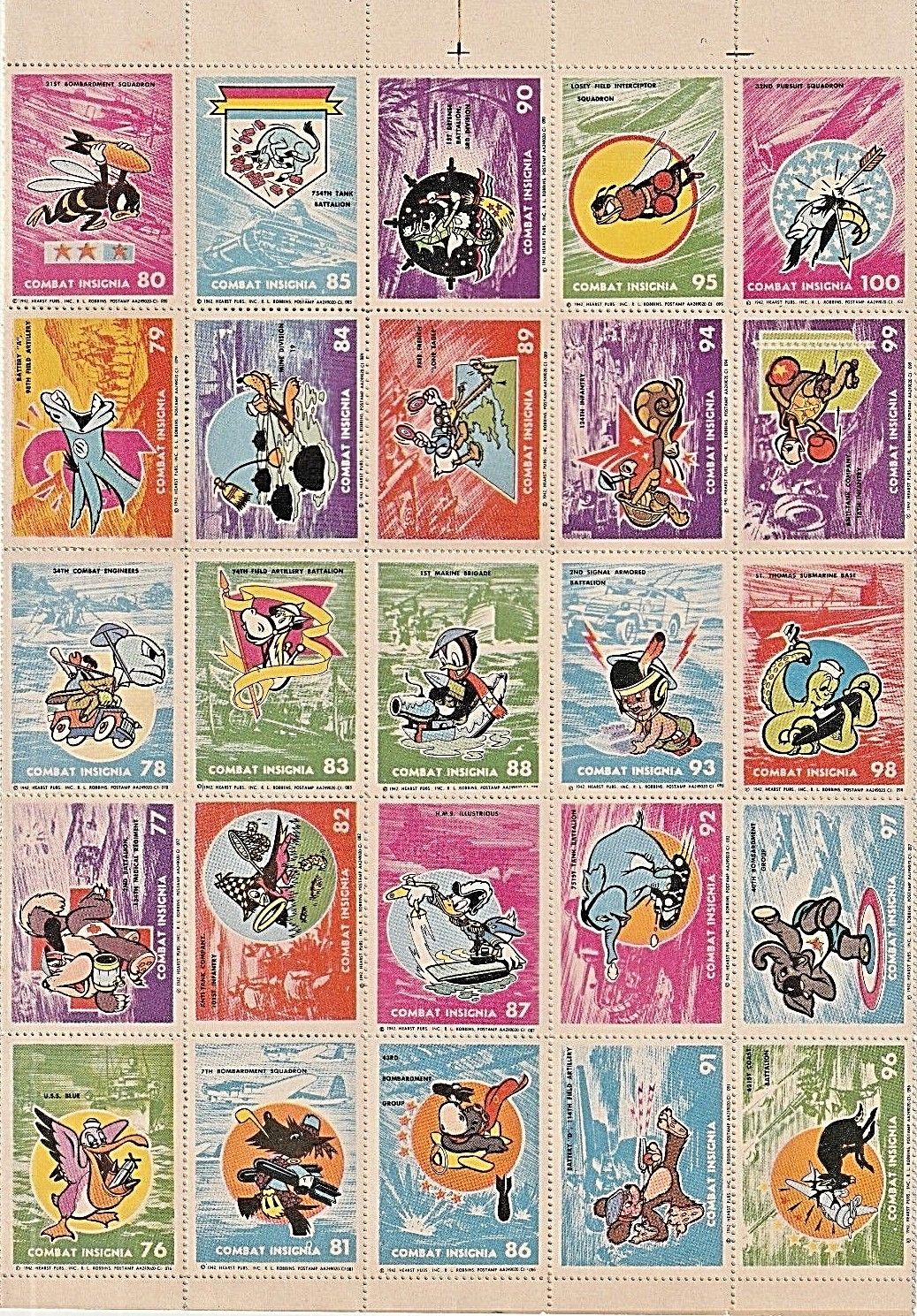 Rare WW2 US Forces Insignia, Complete sheet of 51 US Poster Stamps ...