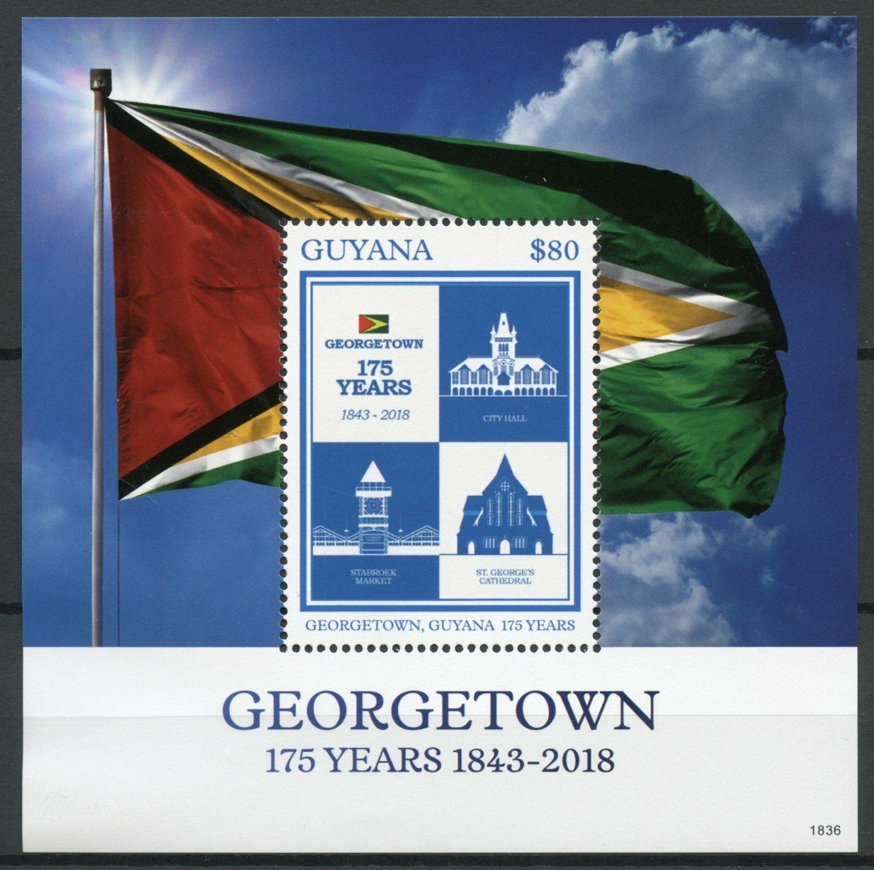 Guyana 2018 MNH Georgetown 175 Yrs 1v S/S Cathedrals Flags Architecture ...