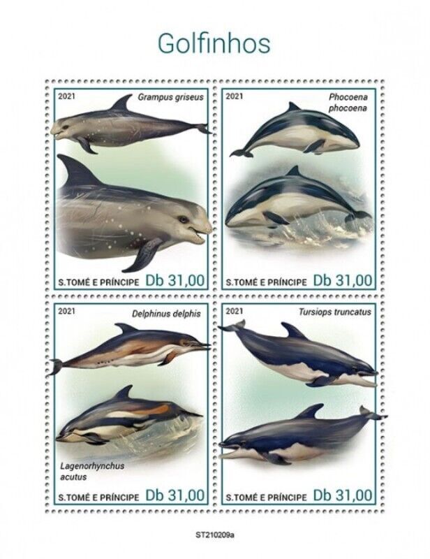 St Thomas - 2021 Dolphins, Risso's, Harbour Porpoise - 4 Stamp Sheet ...