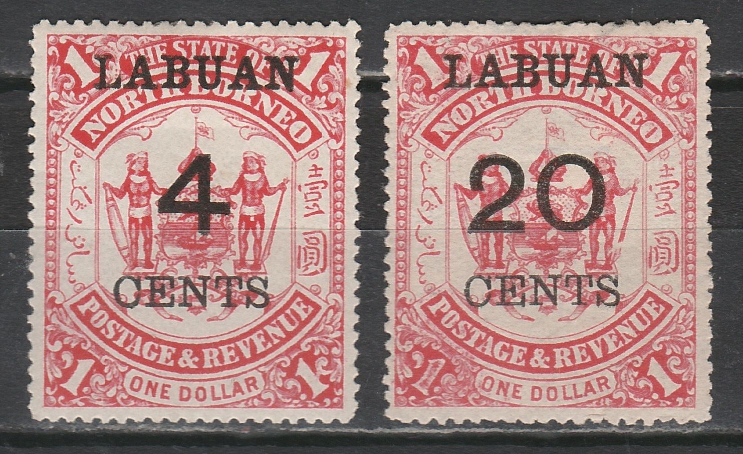 Labuan 1895 Arms Surcharge 4c and 20c on $1 | Asia - Malaysia, Stamp ...
