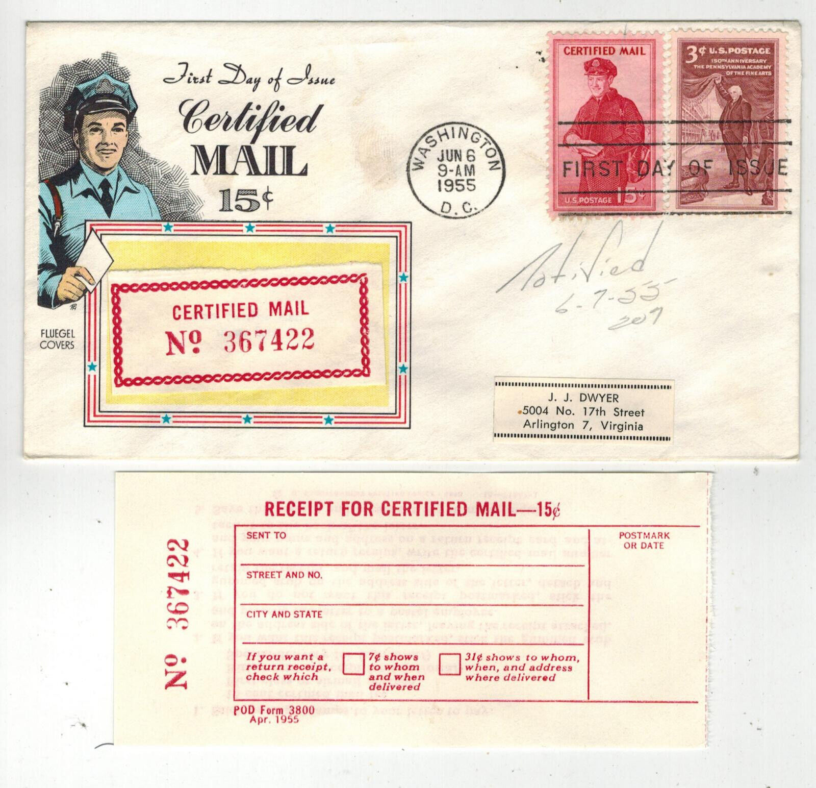 1955 Fluegel FA1 Certified Mail FDC & Receipt & Real Mail Notified ...