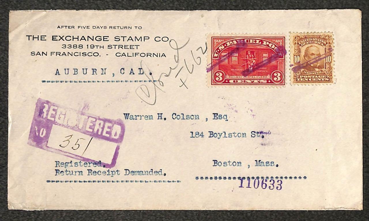 USA 307 & Q3 Parcel Post Stamp Dealer Exhange CO California Registered ...