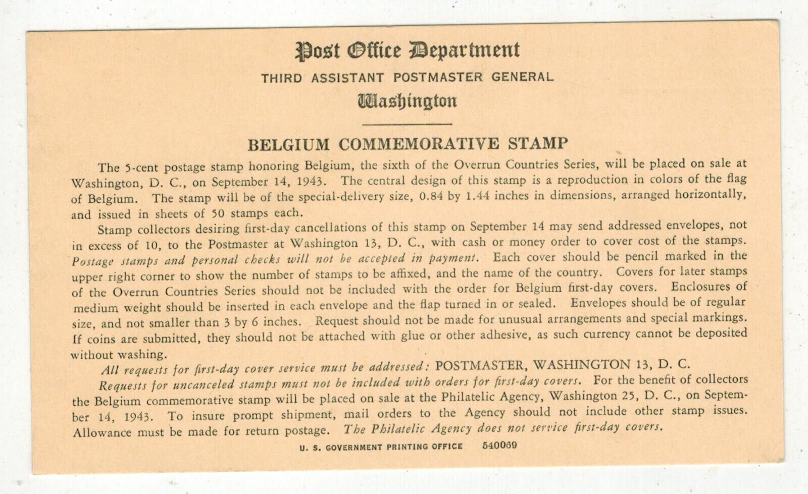 WW2 Patriotic 1943 3rd Asst. PMG Uspod Stamp Announcement Card 914 ...
