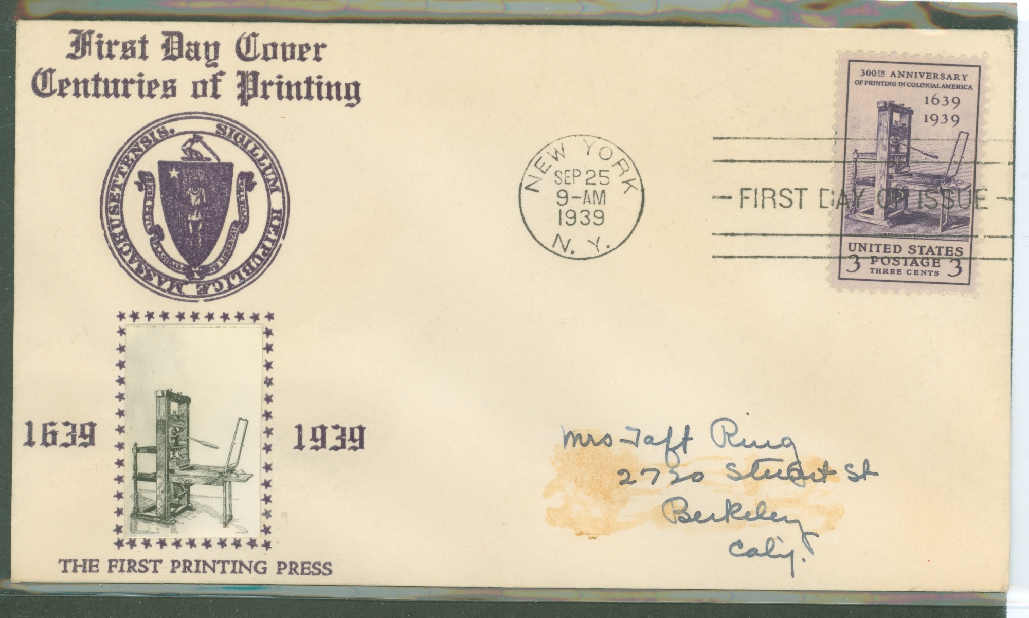 US 857 1939 300th anniversary of the printing press in the usa single ...
