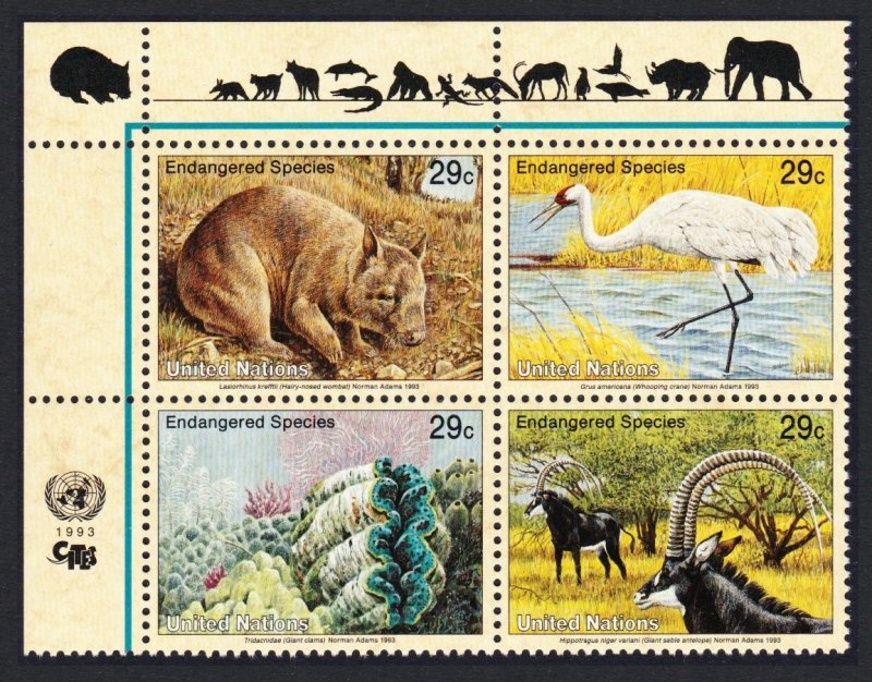 UN New York Birds Wombat Crane Clams Antelope Block of 4v Margins 1993 ...