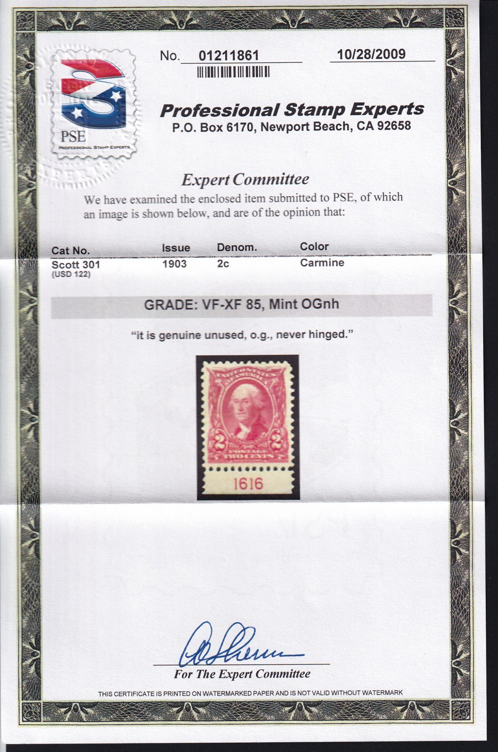 US #301 Plate Single (#1616). Mint NH OG. Cert/Graded VF-XF (85 ...
