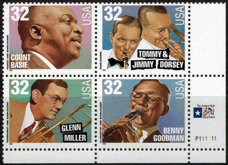 United States #3096-99 Plate Block MNH - Music Big Band Leaders (1996 ...