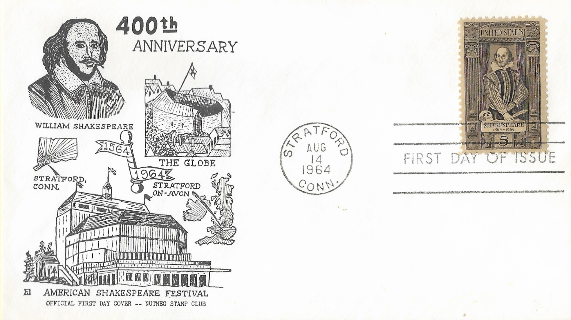 1964 FDC, #1250, 5c William Shakespeare, Nutmeg Stamp Club | United ...