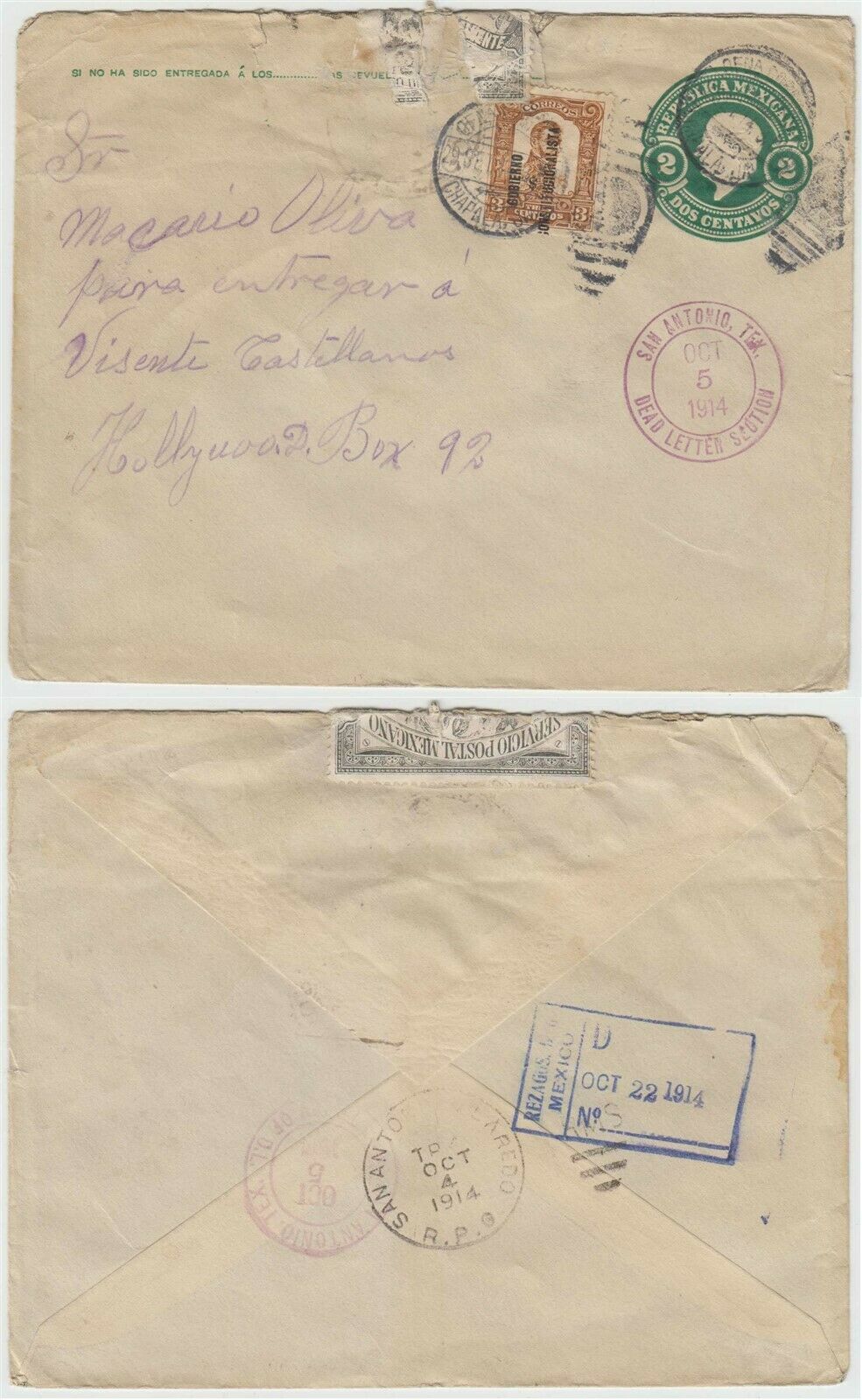Mexico 1914 PS Mepsi E70B + Sc 425 Envelope Chapala-Texas, Rezagos ...