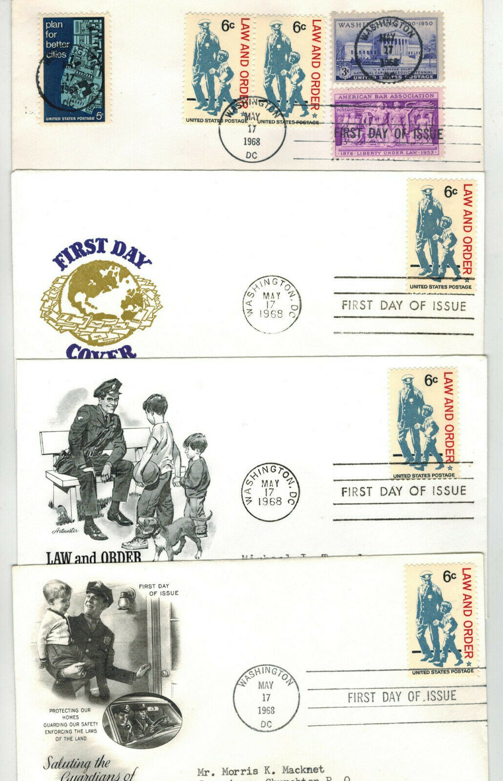 1968 SALUTING POLICE LAW AND ORDER SET OF 4 FDCs Different Cachets ...