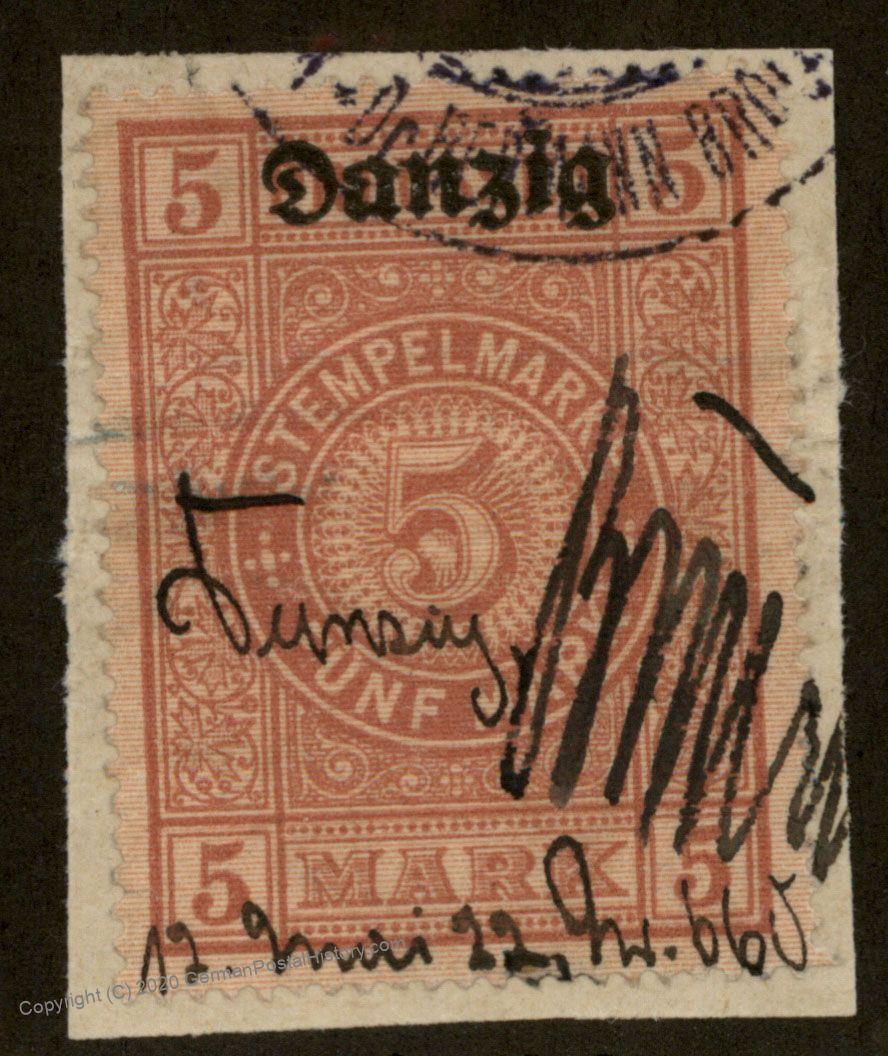 Danzig Germany Preussen Prussia 5 Mark Stempelmarke Document Revenue ...