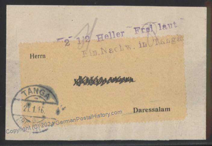 Germany 1916 DOA East Africa WWI Tanga Prepaid Wrapper BPP Cert 113566 ...