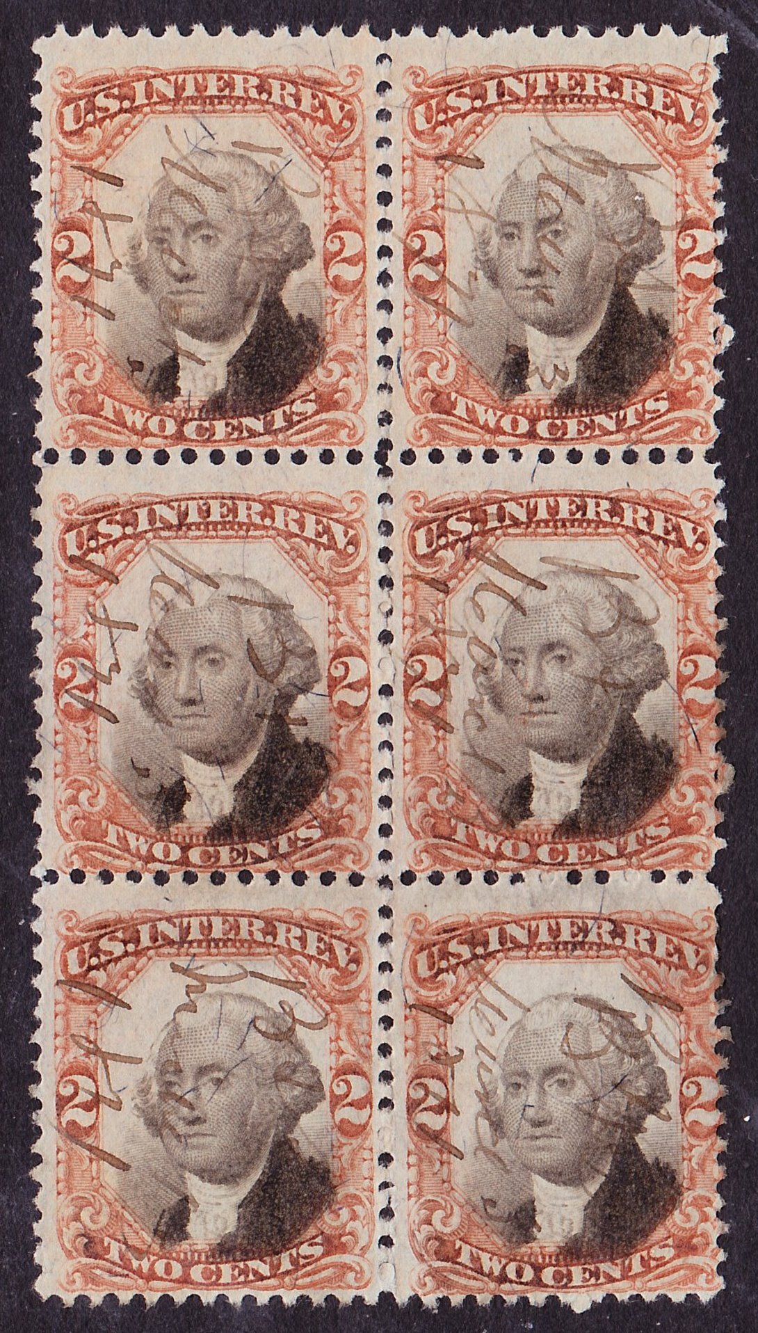 Scott R151 Block of 6, Manuscript Cancels, LR Stamp w/Perf Creases ...