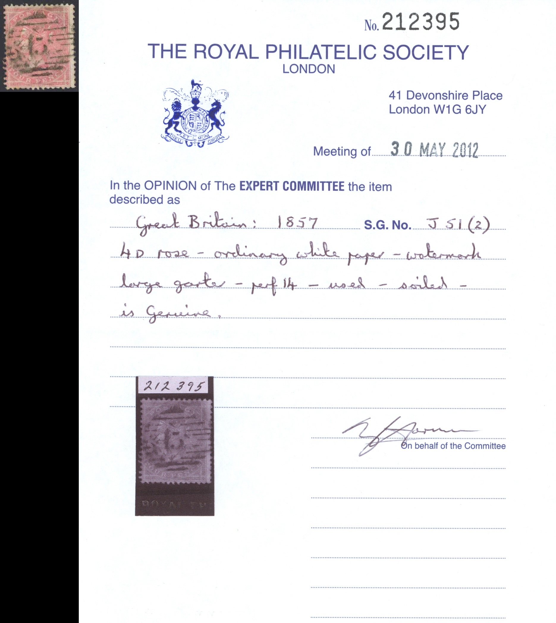 GB Sc# 26 SG# J51(2) Used (RPSL Certificate) 1857 4p rose Queen ...