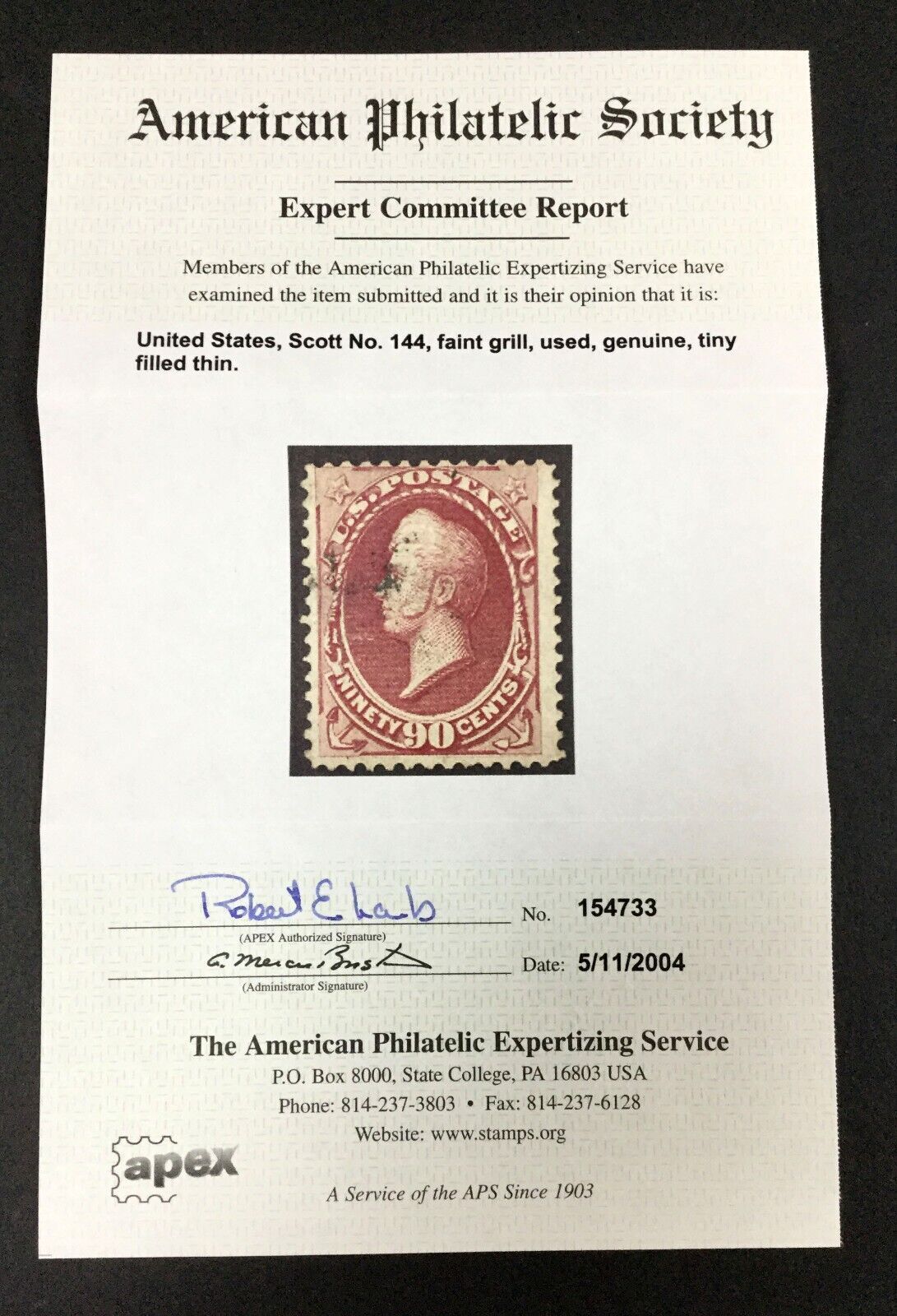 US Stamps #144 Grilled Used ***Aps Certificate*** LOT #84765 | United ...