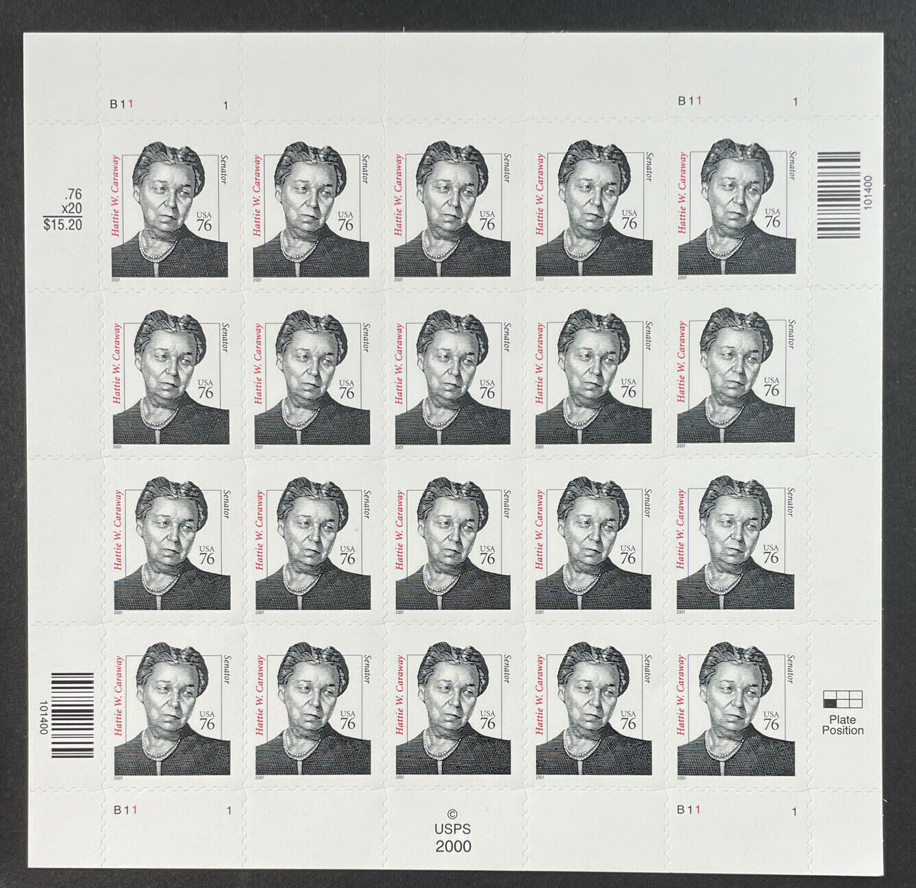 Scott #3432 HATTIE W. CARAWAY Sheet of 20 US 76¢ Stamps MNH 2001 ...