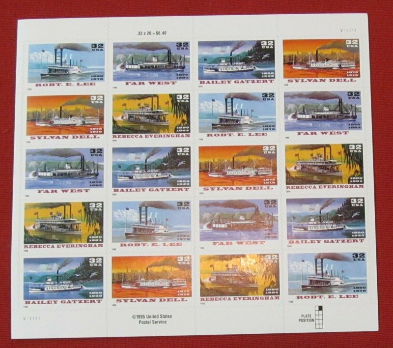 Four Sheets x 20 = 80 of RIVERBOATS / STEAM BOATS 32¢ US Stamps USA ...