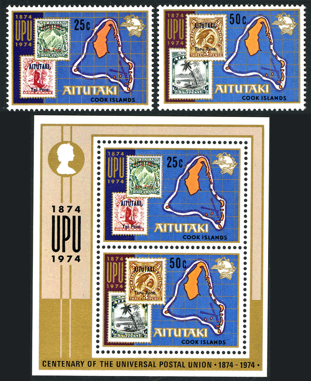 Aitutaki 102-103,103a S/S, MNH. UPU, centenary. Stamp on Stamp, Map ...