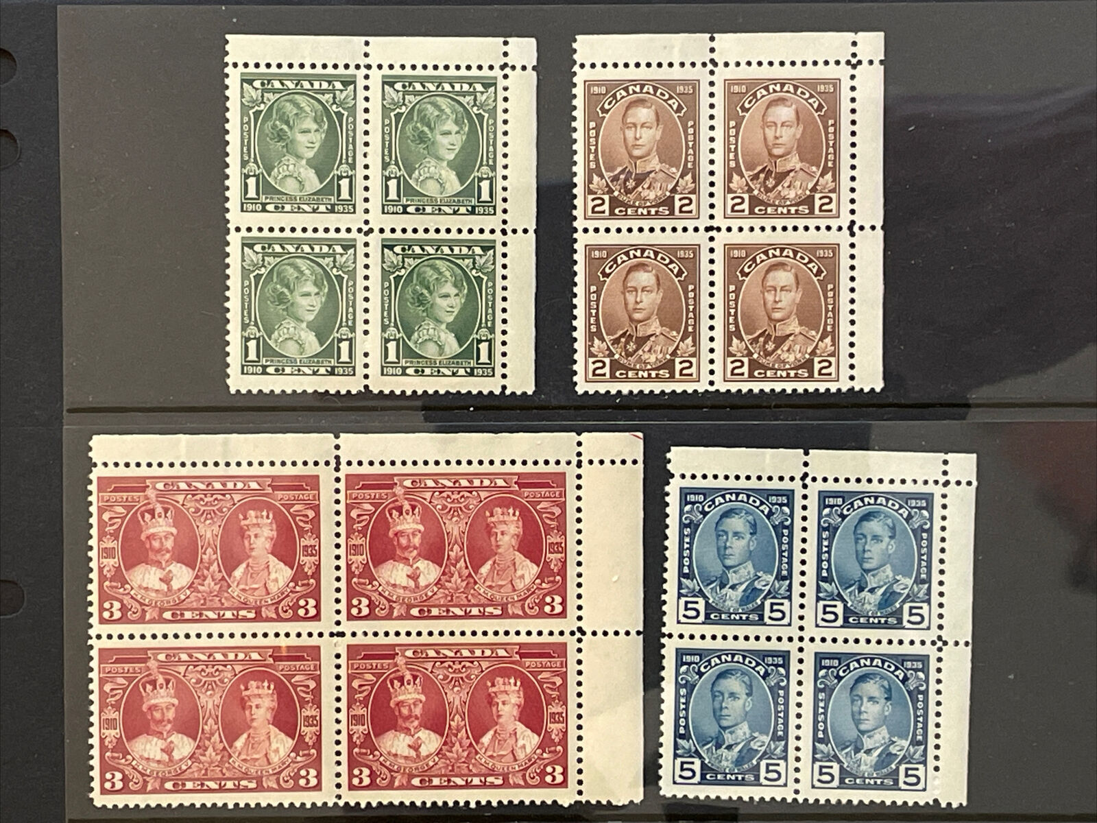 1935 Canada 1-5 Cent King George V Royal Family Sc# 211-214 Blocks of 4 ...