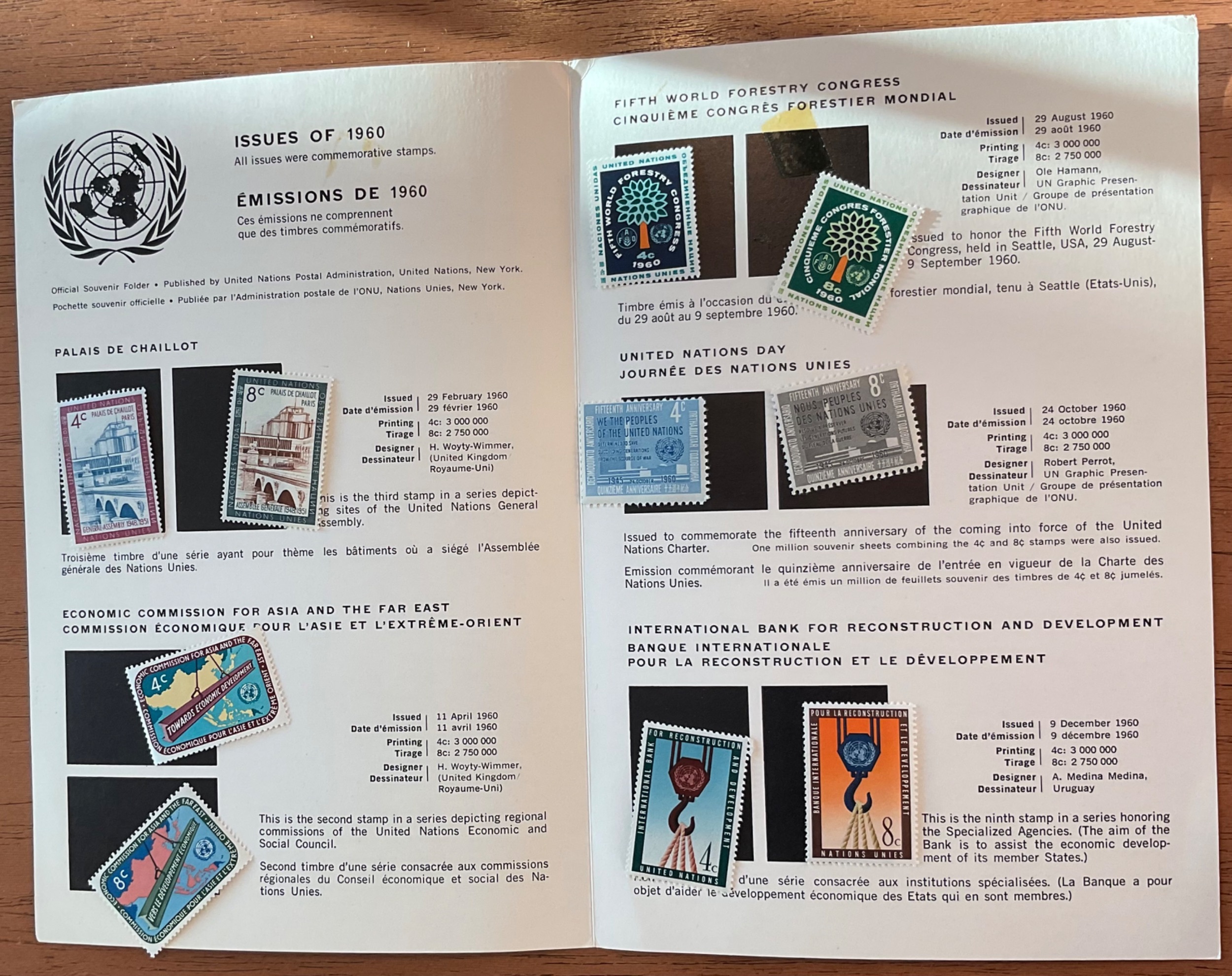 United Nations MNH #77-84 #86-87 1960 Souvenir Folder 10 Stamps L23 ...